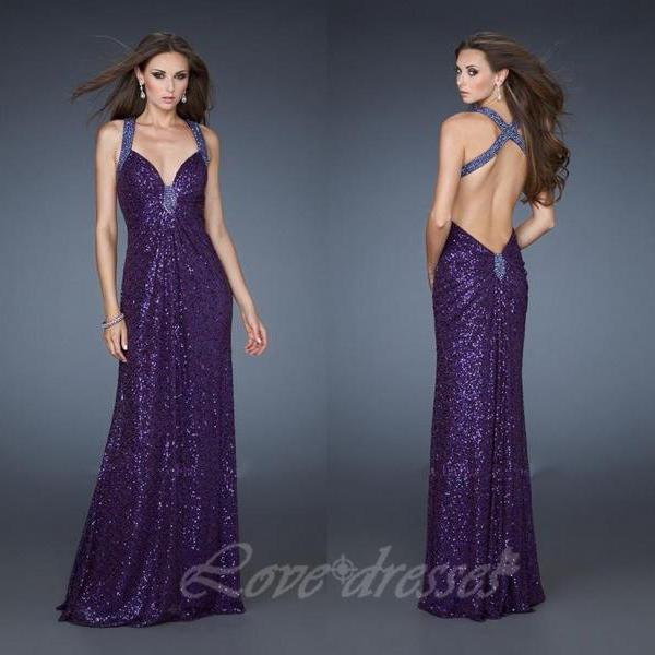 Sexy Long Prom Dress Straps Sequins Backless Party Evening Dress 2016 ...